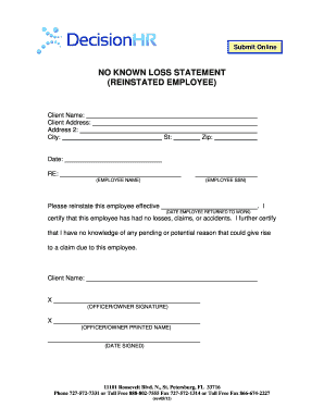 Fillable Online NO KNOWN LOSS STATEMENT REINSTATED EMPLOYEE Fax Email ...