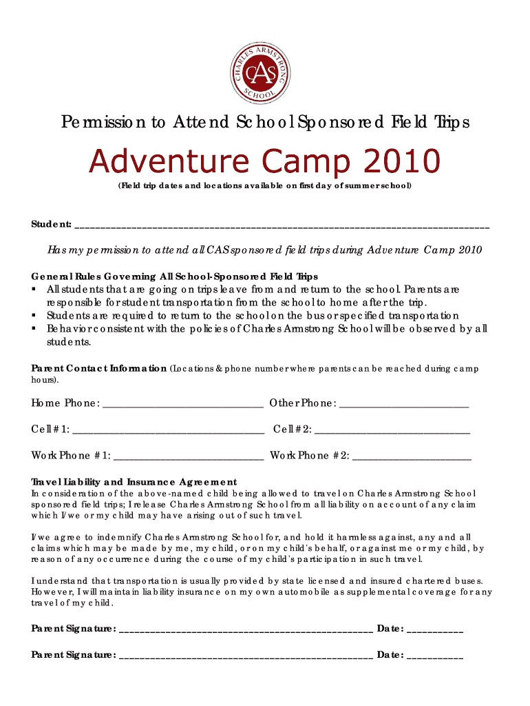 Fillable Online Camp Permission Slip - Charles Armstrong Fax Email ...