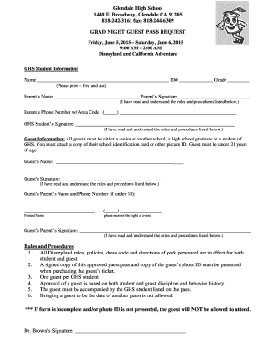 Fillable Online Guest pass - Grad Night 2015 - Glendale High School Fax ...