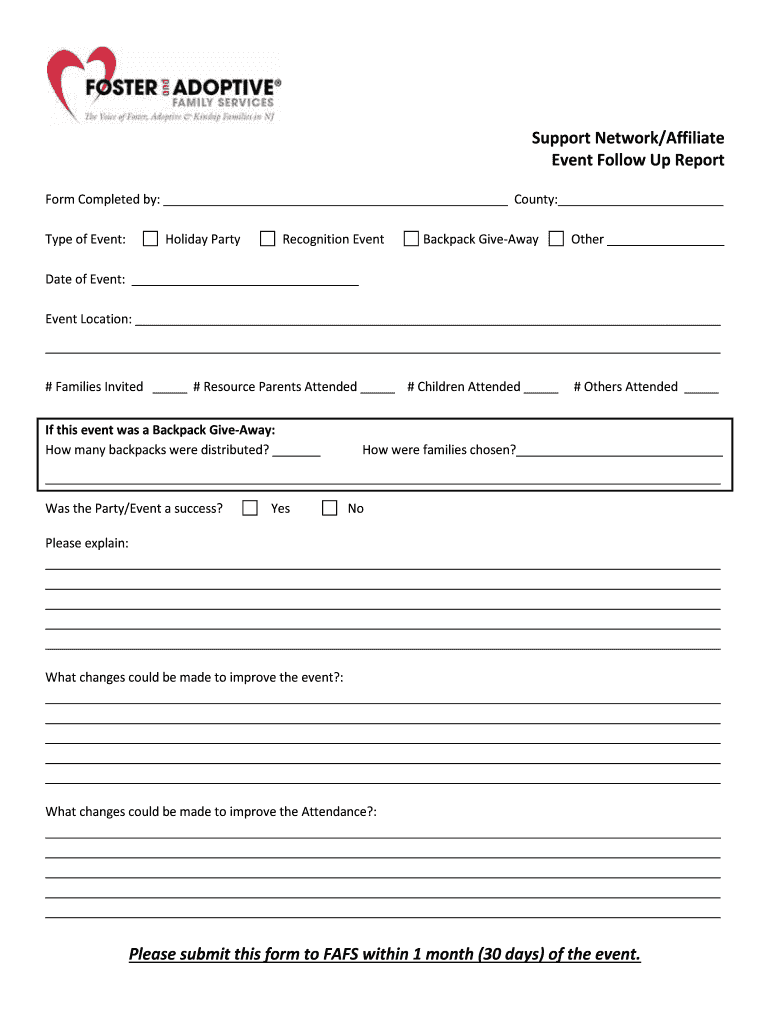 Fillable Online Support NetworkAffiliate Event Follow Up Report Fax ...