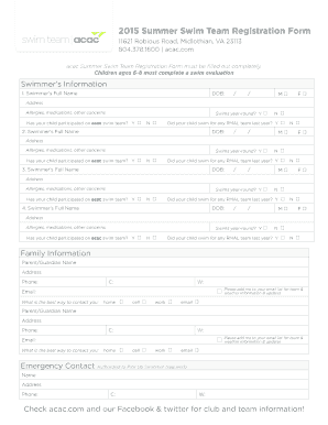 Fillable Online 2015 Summer Swim Team Registration Form swim team Fax ...