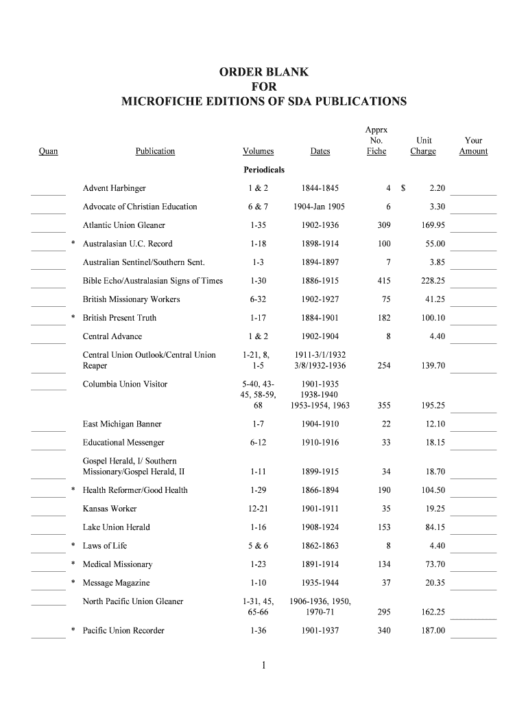 Fillable Online ast gc adventist ORDER BLANK FOR MICROFICHE EDITIONS OF ...
