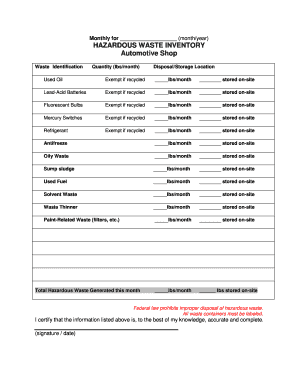 Fillable Online Monthly for HAZARDOUS WASTE INVENTORY Automotive Shop ...