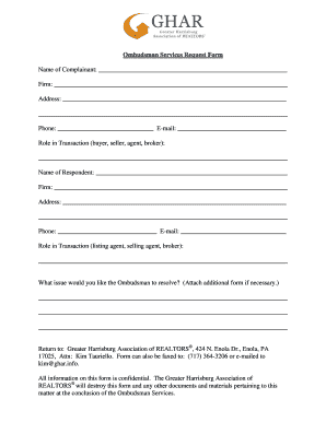 Fillable Online ghar Ombudsman Services Request Form - gharinfo Fax ...