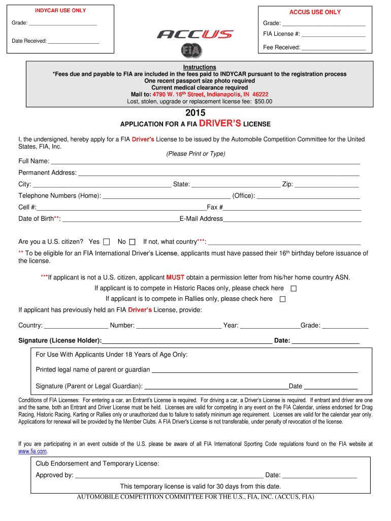 Fillable Online 2015 APPLICATION FOR A FIA DRIVERS LICENSE ...