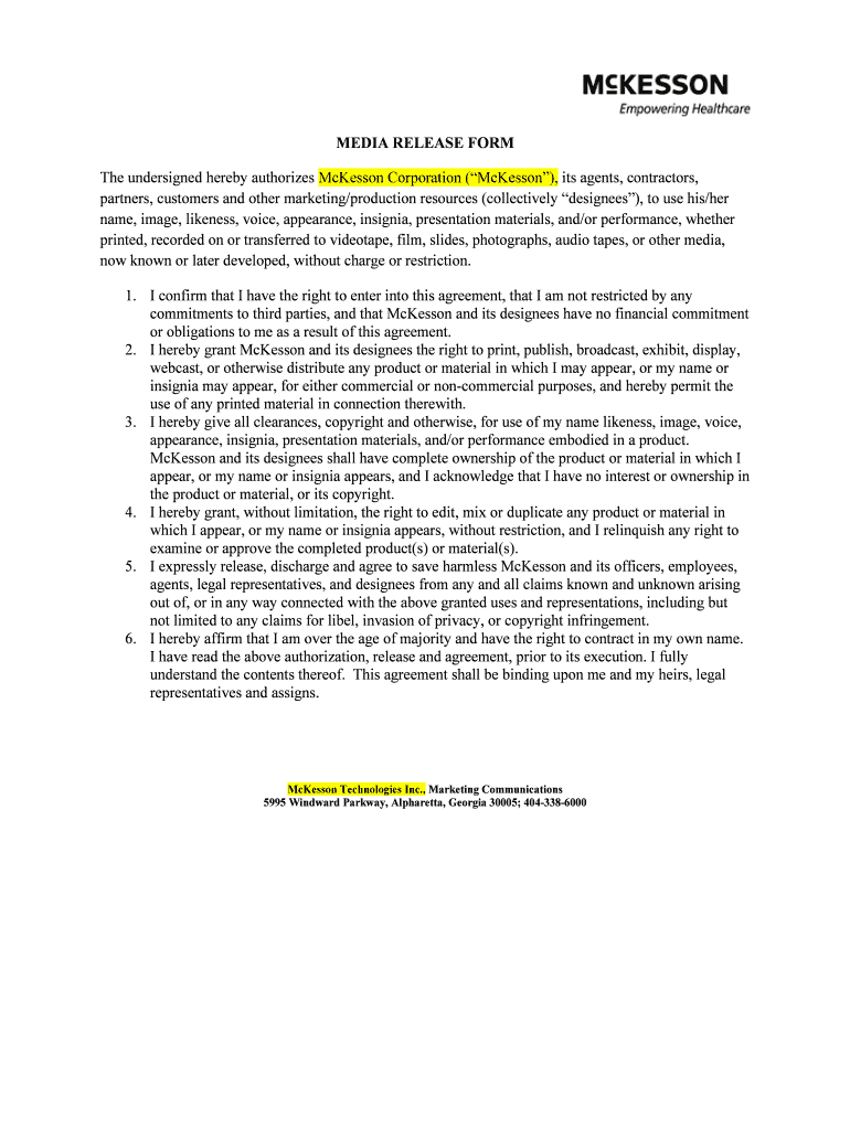 Fillable Online McKesson Media Release Form Fax Email Print - pdfFiller