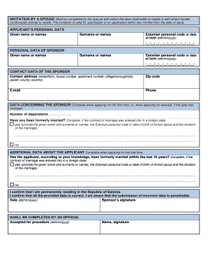 Fillable Online INVITATION BY A SPOUSE APPLICANTS PERSONAL DATA Given ...