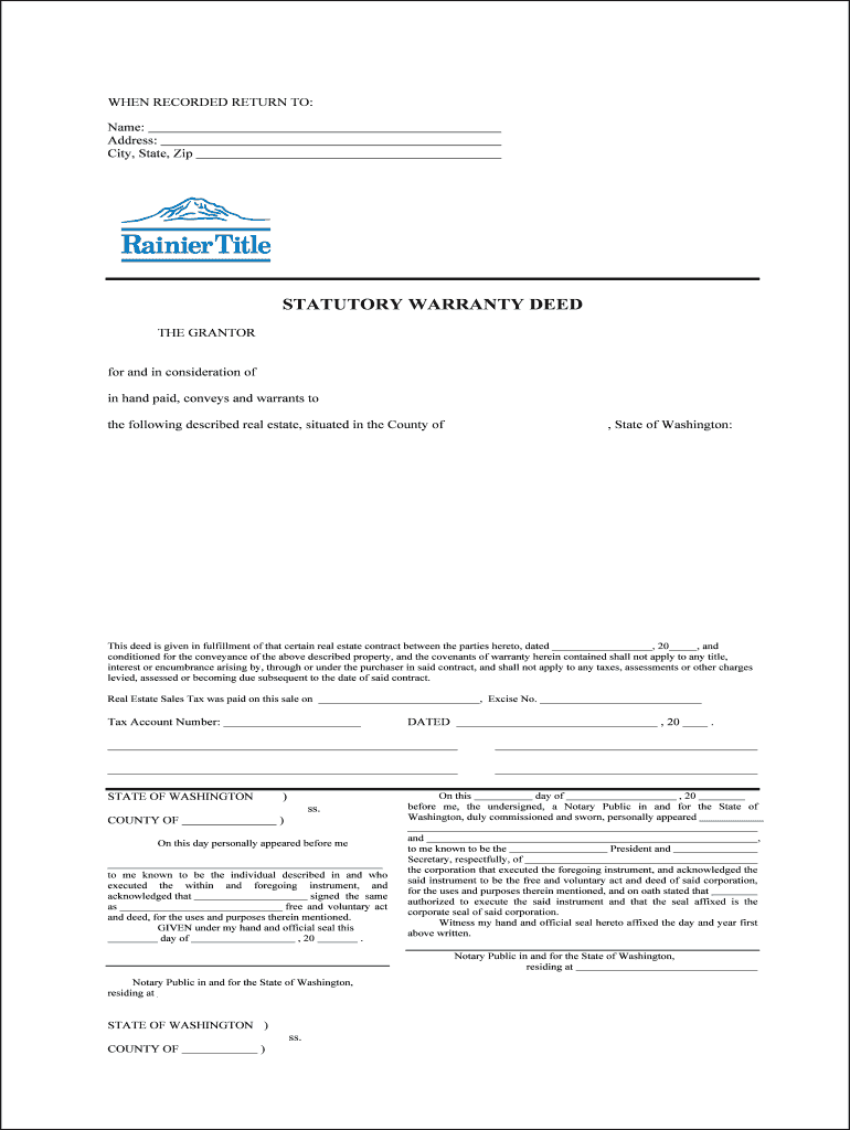 Fillable Online STATUTORY WARRANTY DEED - Rainier Title Fax Email Print ...