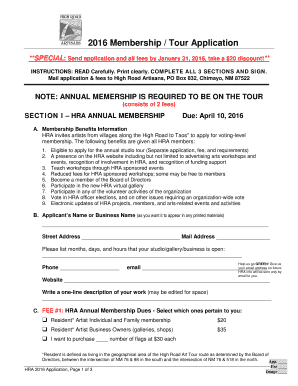 Fillable Online 2016 Membership Tour Application - High Road Artisans ...