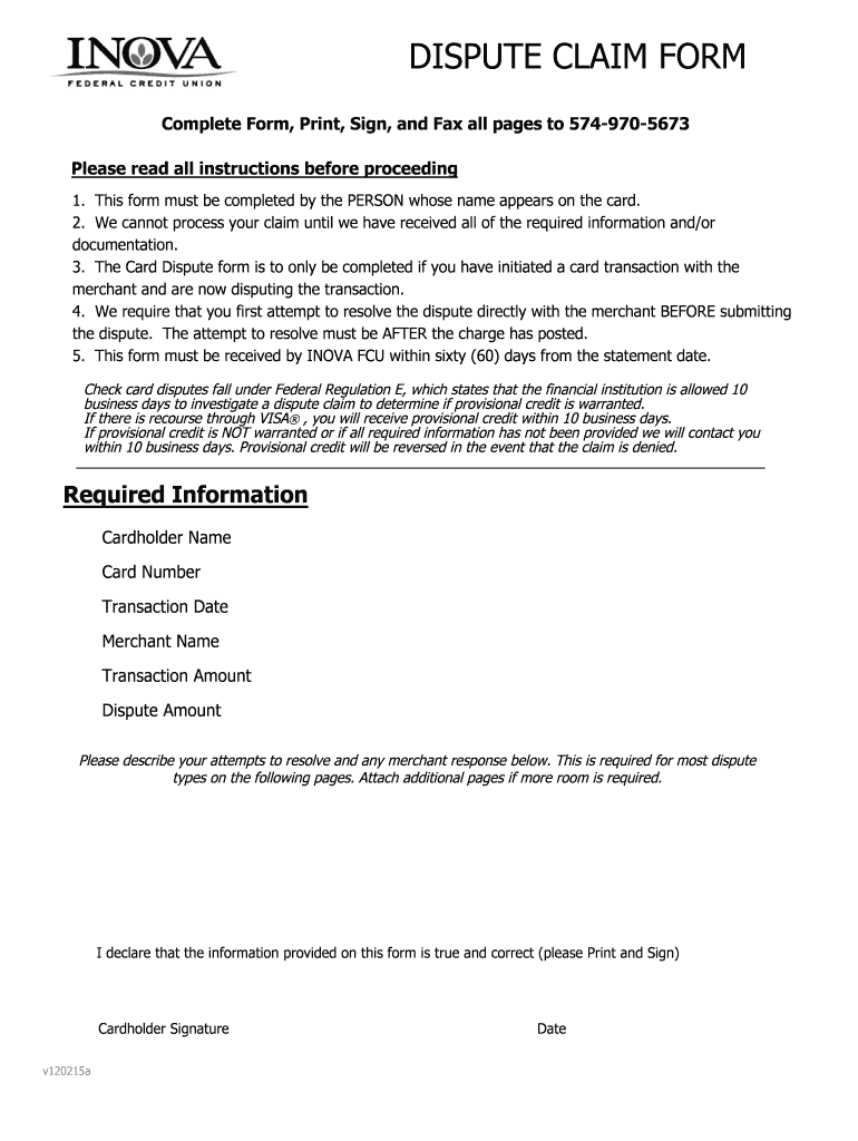 Fillable Online inovafcu DISPUTE CLAIM FORM - INOVA Federal Credit ...