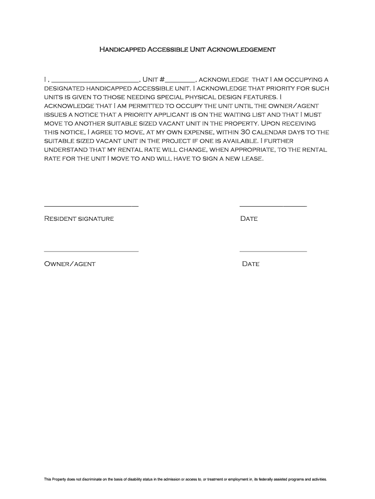 Fillable Online Handicapped Accessible Unit Acknowledgement I Unit Fax ...