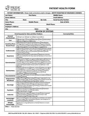 Fillable Online PATIENT HEALTH FORM - Pride Medical Inc Fax Email Print ...