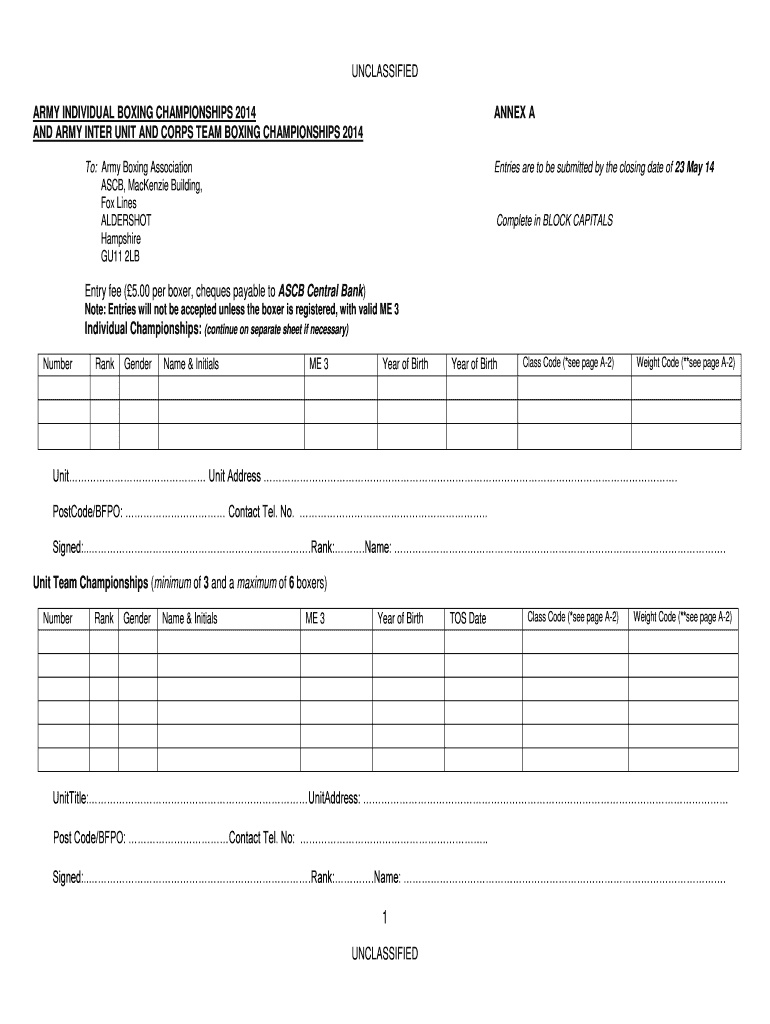 Fillable Online ARMY INDIVIDUAL BOXING CHAMPIONSHIPS 2014 ANNEX A AND ...