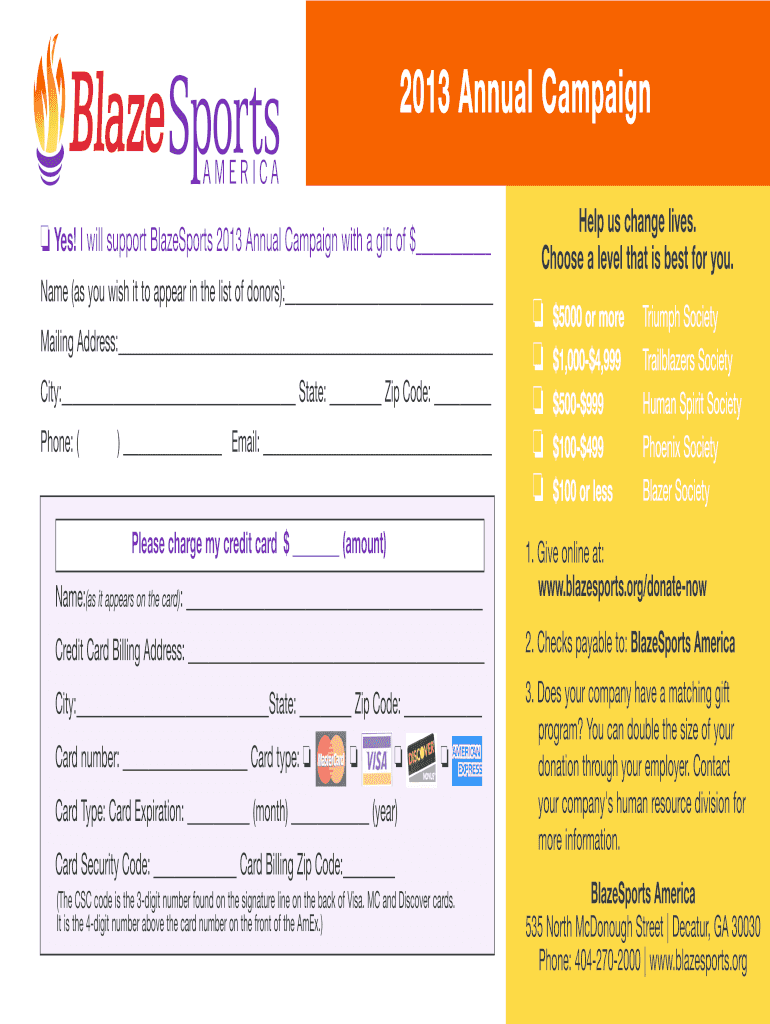 Fillable Online 2013 Annual Campaign - BlazeSports Fax Email Print ...