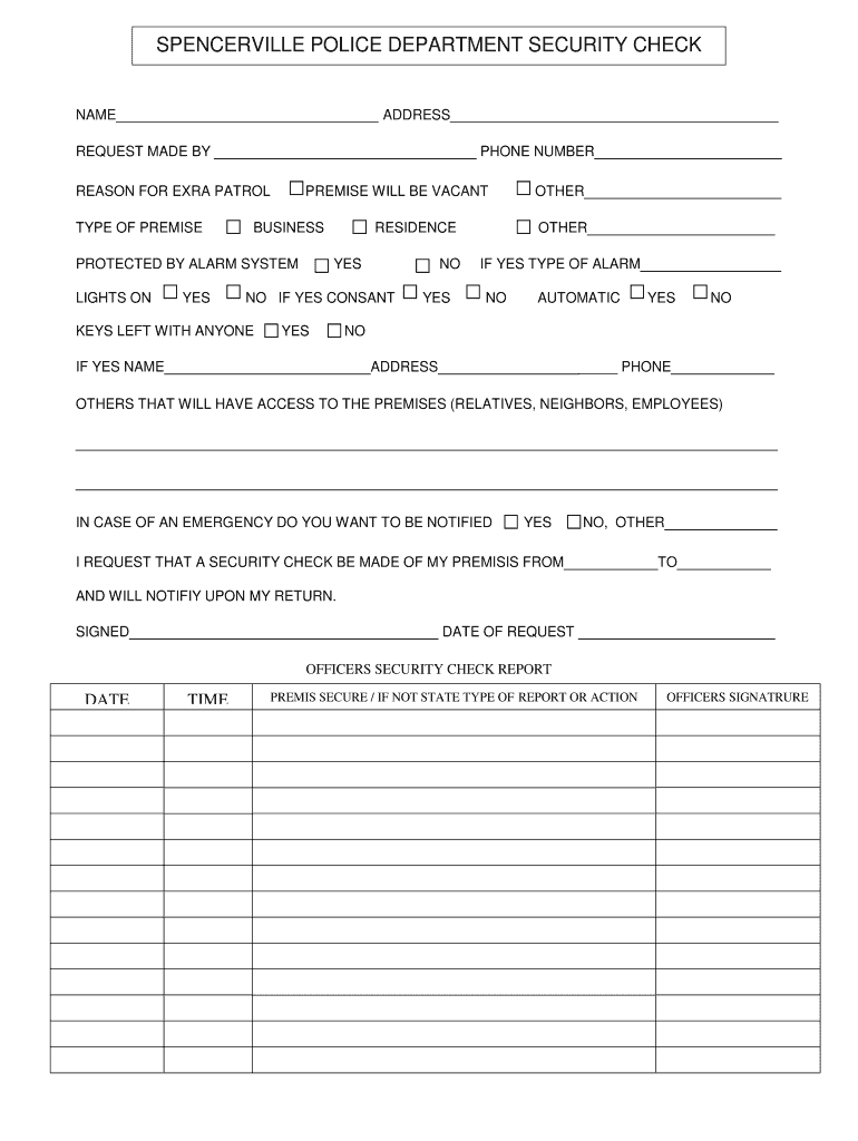 Fillable Online SPENCERVILLE POLICE DEPARTMENT SECURITY CHECK Fax Email ...
