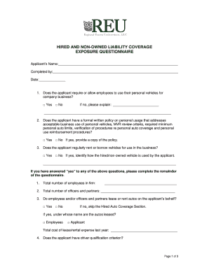 Fillable Online HIRED AND NON-OWNED LIABILITY COVERAGE EXPOSURE ...
