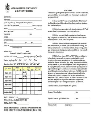 Fillable Online AGILITY ENTRY FORM AGREEMENT The person who signs this ...