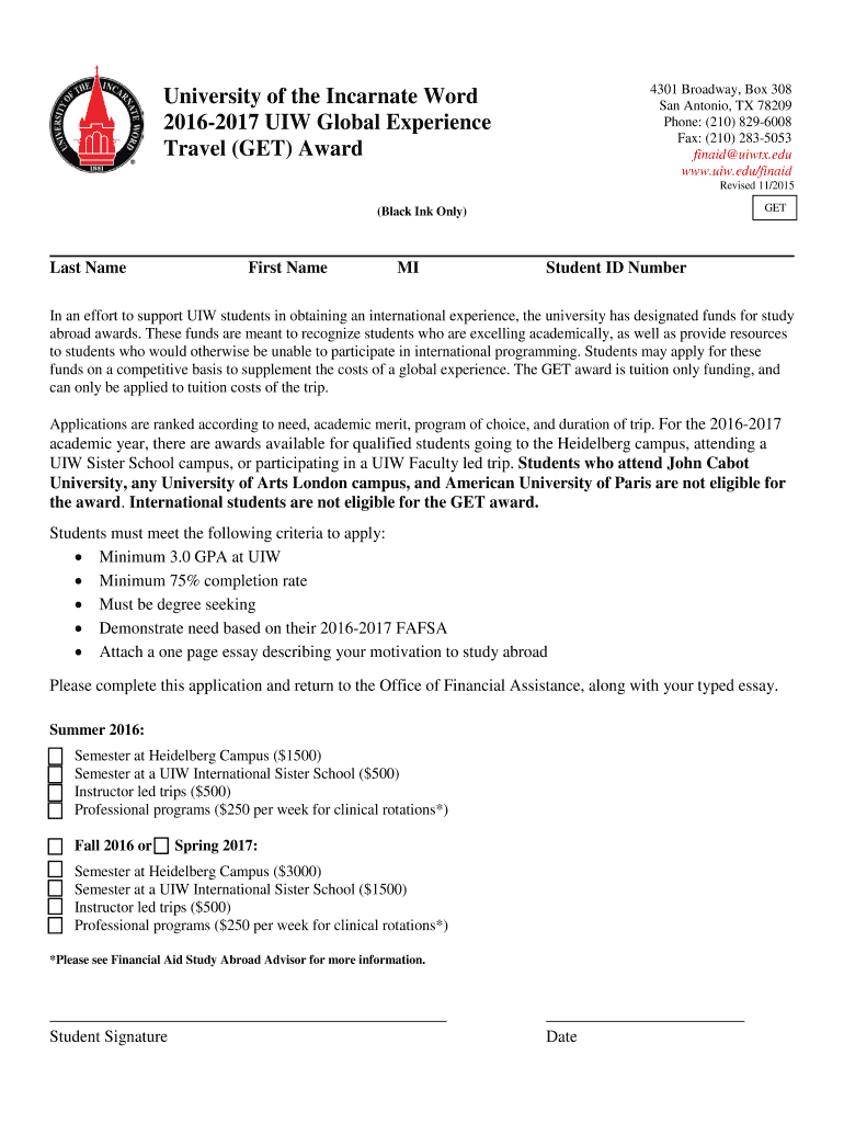 Fillable Online uiwtx 20162017 UIW Global Experience Fax Email Print - pdfFiller