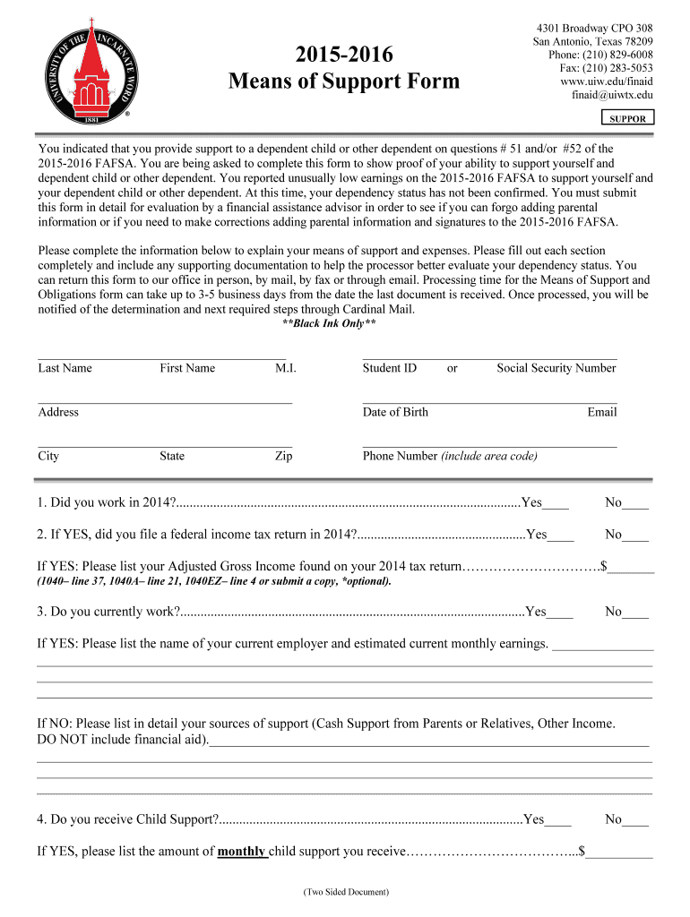Fillable Online uiwtx 2015 2016 Means of Support Form - uiwtxedu Fax ...