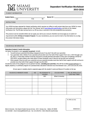 Fillable Online Dependent Verification Worksheet 20152016 STUDENT ...