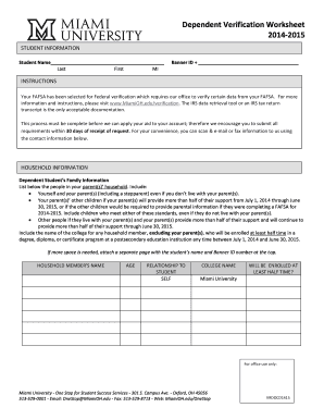 Fillable Online Dependent Verification Worksheet 20142015 STUDENT INFORMATION Student Name Last ...