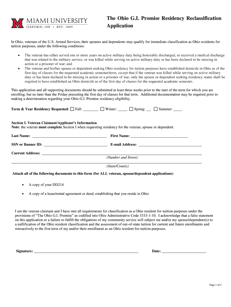 Fillable Online The Ohio GI Promise Residency Reclassification bApplicationb Fax Email Print ...