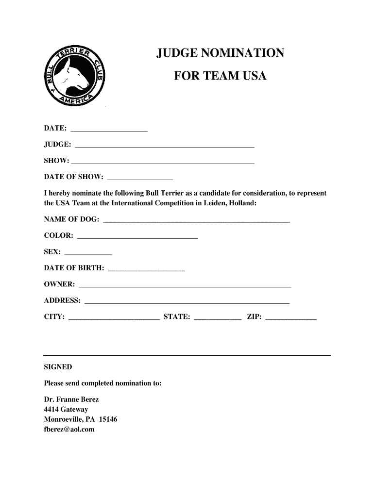 Fillable Online JUDGE NOMINATION FOR TEAM USA - btcacom Fax Email Print ...
