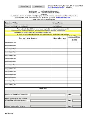 Fillable Online REQUEST for RECORDS DISPOSAL - Miami University Fax ...