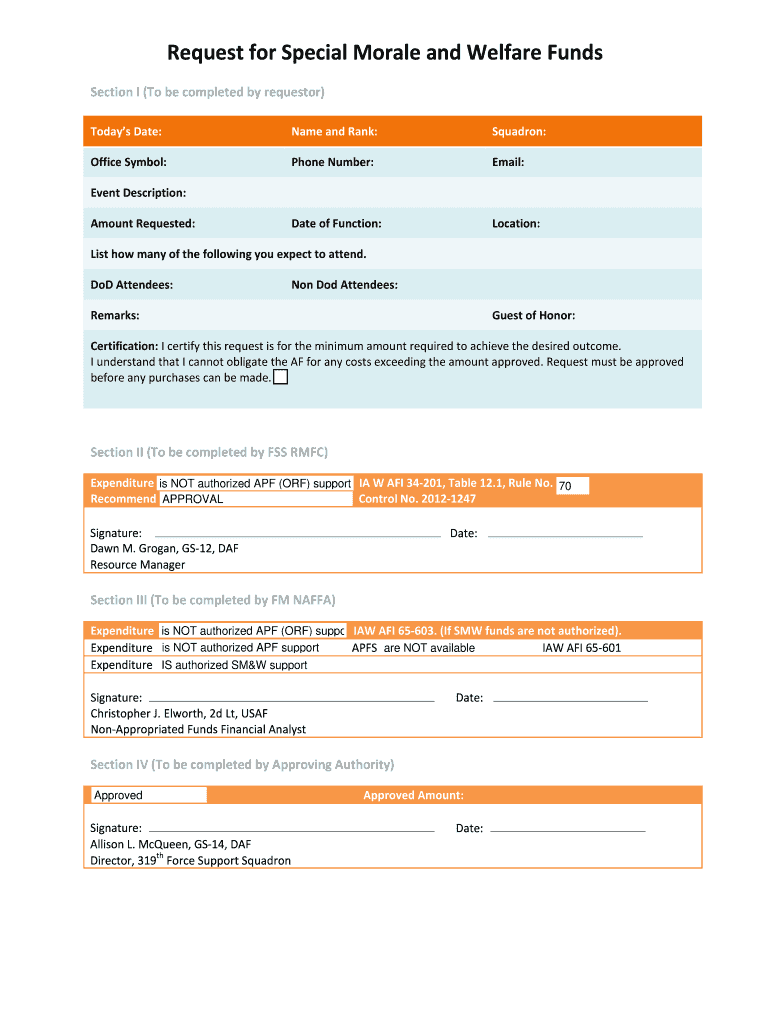 Fillable Online Request for Special Morale and Welfare Funds Fax Email ...