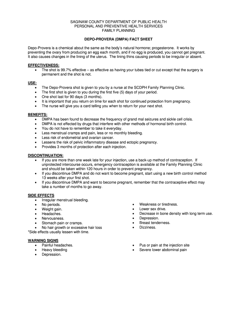 Fillable Online DEPO-PROVERA (DMPA) FACT SHEET Fax Email Print - pdfFiller