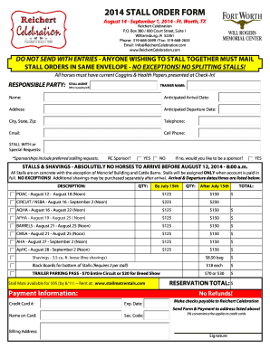 Fillable Online 2014 STALL ORDER FORM - ReichertCelebration Fax Email ...