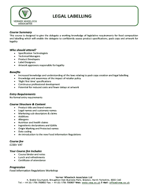 Fillable Online LEGAL LABELLING - Verner Wheelock Associates Fax Email ...