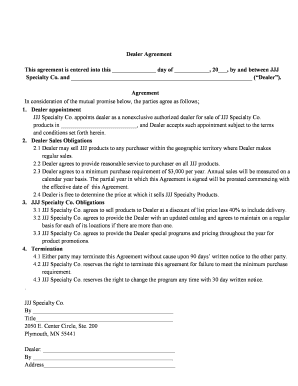 Fillable Online Dealer Agreement Specialty Co and Dealer Agreement 1 ...