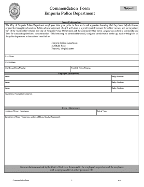 Fillable Online Commendation Form Emporia Police Department Fax Email ...