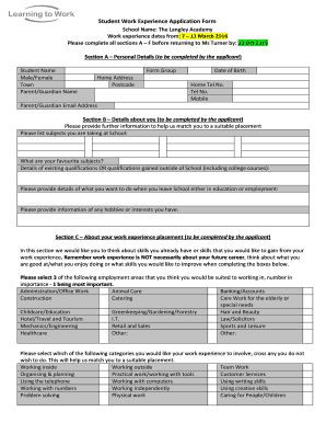 Fillable Online Student Work Experience Application Form Fax Email ...