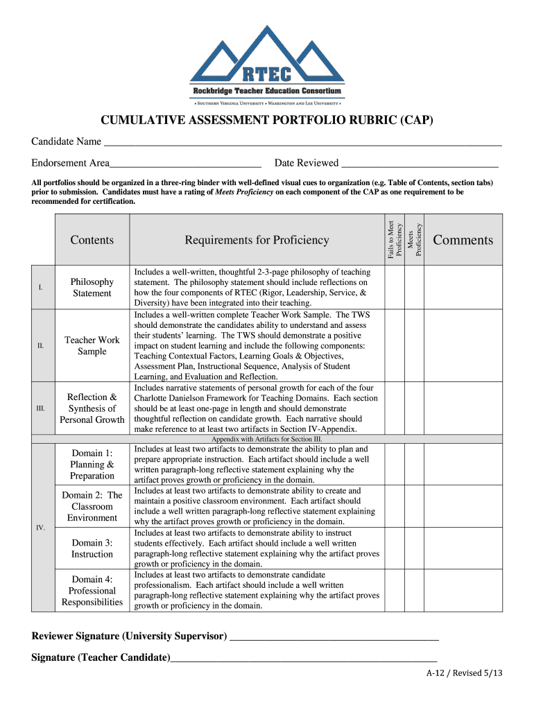 Fillable Online CUMULATIVE ASSESSMENT PORTFOLIO RUBRIC (CAP) Candidate ...