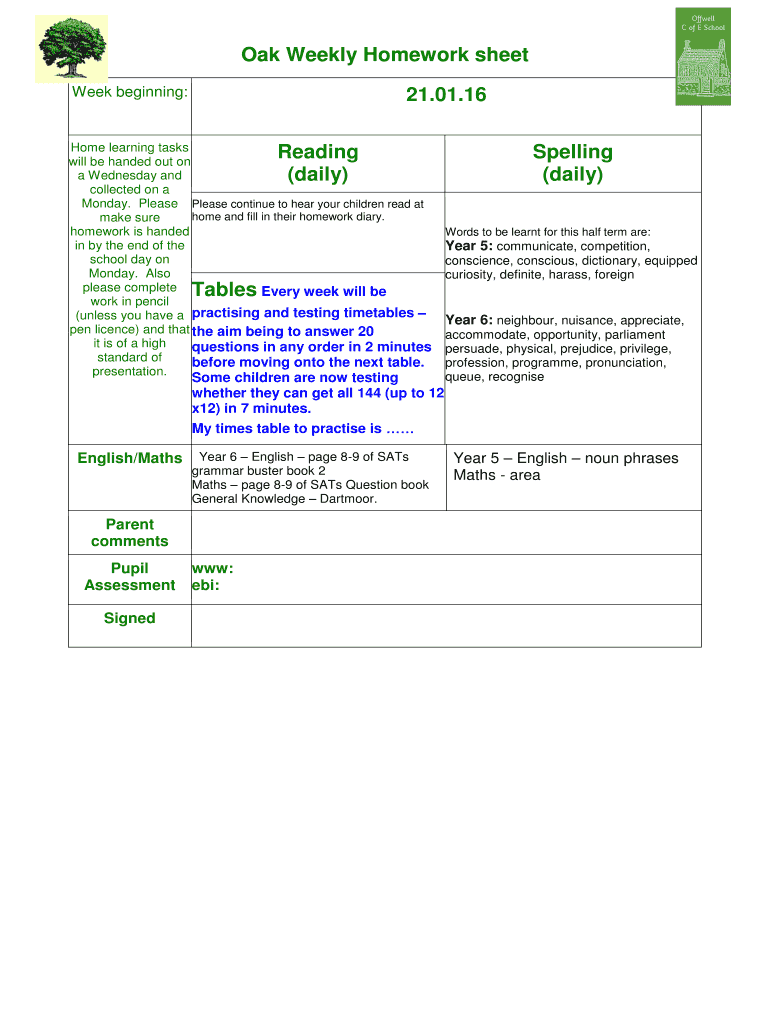 Fillable Online Oak Weekly Homework sheet Fax Email Print - pdfFiller