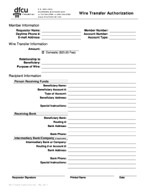 Fillable Online Wire Transfer Authorization and Agreement - DFCU ...