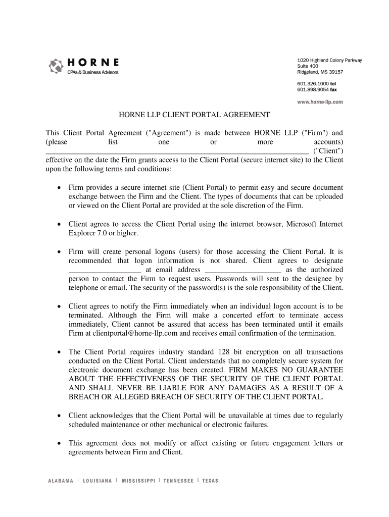 Fillable Online HORNE LLP CLIENT PORTAL AGREEMENT Fax Email Print ...