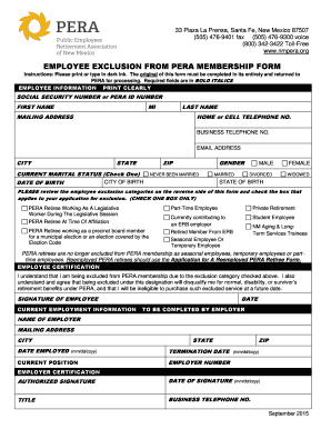 Fillable Online nmpera EMPLOYEE EXCLUSION FROM PERA MEMBERSHIP FORM ...