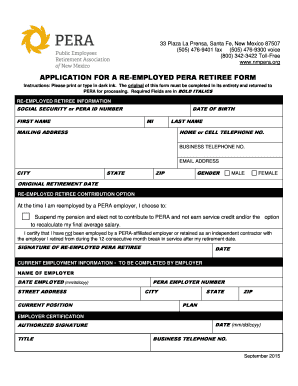 Fillable Online nmpera APPLICATION FOR A RE-EMPLOYED PERA RETIREE FORM ...