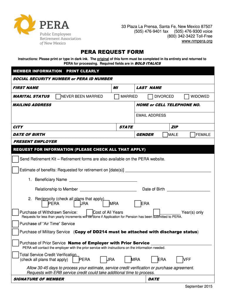 Fillable Online nmpera PRINT CLEARLY SOCIAL SECURITY NUMBER or PERA ID ...