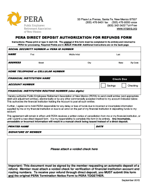 Fillable Online nmpera PERA DIRECT DEPOSIT AUTHORIZATION FOR REFUNDS ...