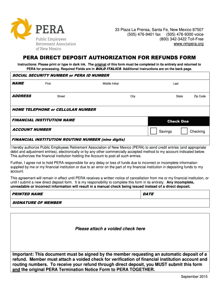 Fillable Online nmpera PERA DIRECT DEPOSIT AUTHORIZATION FOR REFUNDS ...
