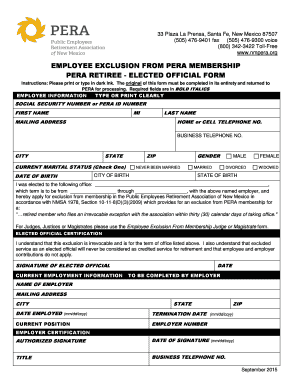 Fillable Online nmpera EMPLOYEE EXCLUSION FROM PERA MEMBERSHIP PERA Fax ...