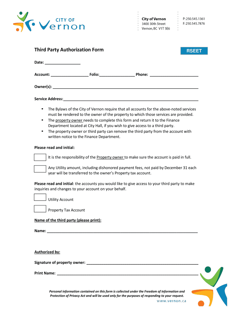 Fillable Online Third Party Authorization Form - City of Vernon Fax Email Print - pdfFiller