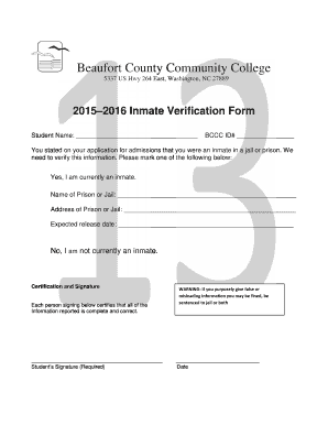 Fillable Online beaufortccc 20152016 Inmate Verification Form ...
