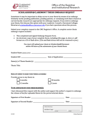 Fillable Online cmc SCHOLARSHIPCLAREMONT THESIS EMBARGO REQUEST Fax ...