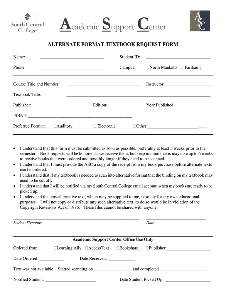 Fillable Online southcentral Alternate Format Textbook Request Form ...