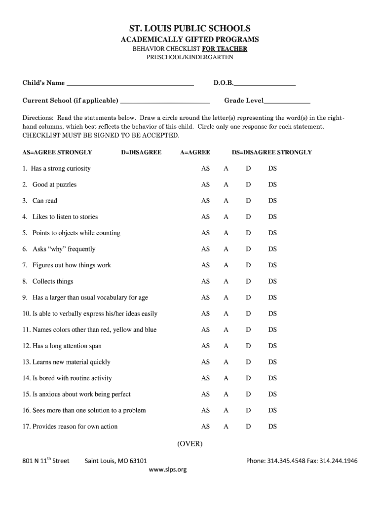 Fillable Online slps BEHAVIOR CHECKLIST FOR TEACHER ...